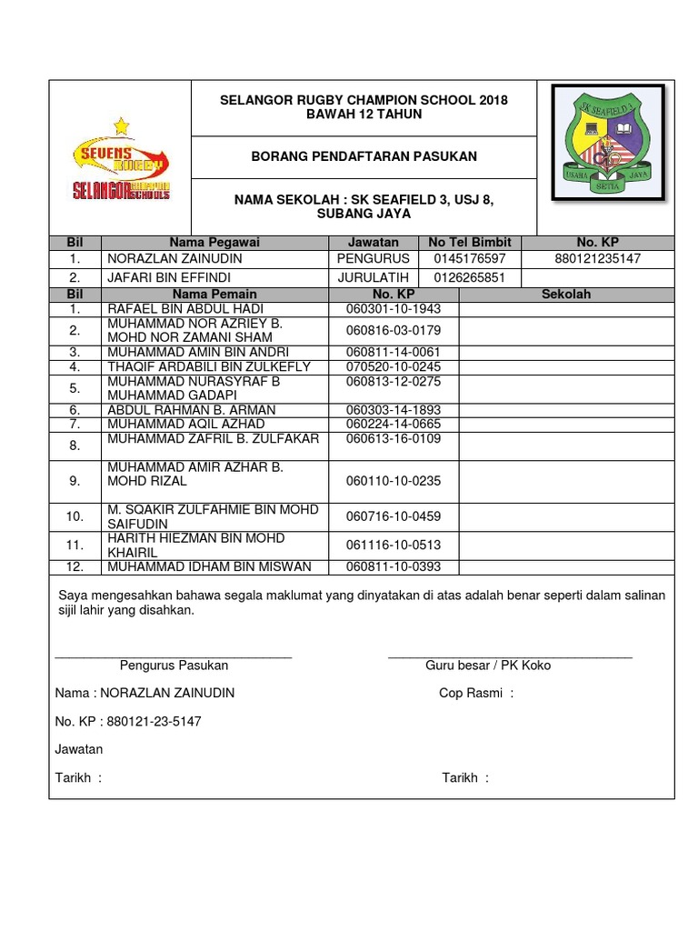 Borang Pendaftaran Pasukan SK Seafield 3 | PDF