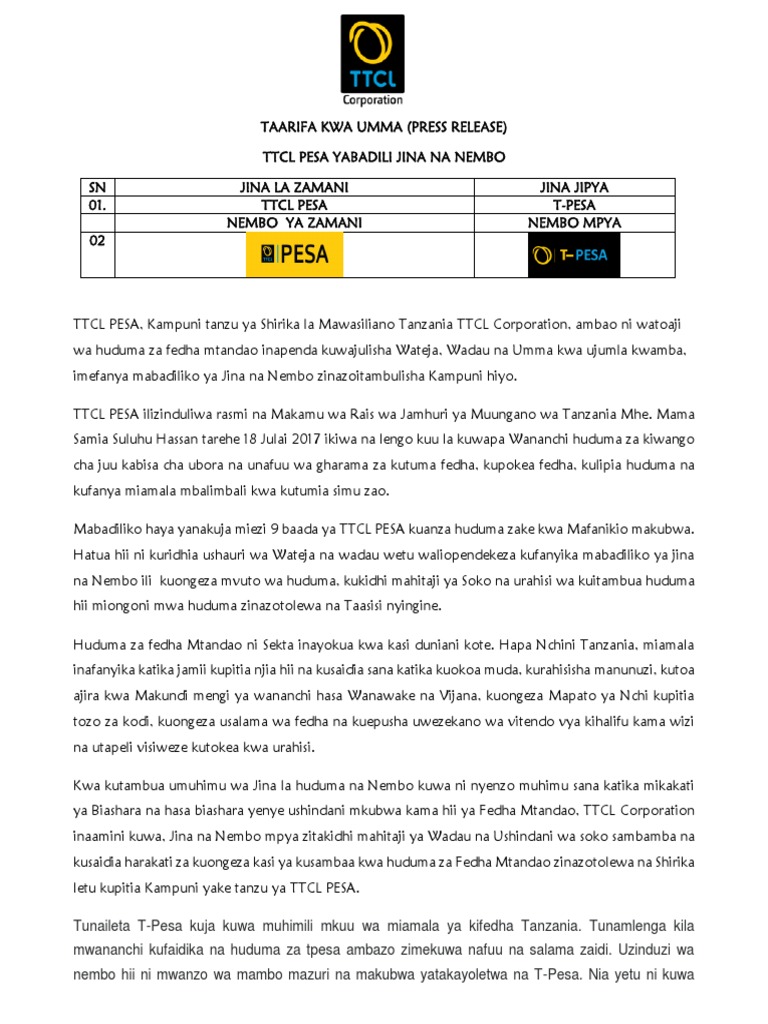 TTCL Rebranding Press Release SW | PDF