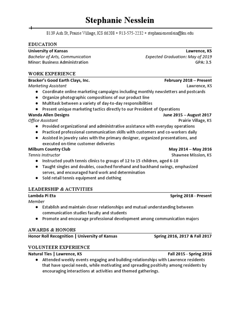 Stephanie Nesslein - Resume Spring 2018 | PDF | Lawrence | Psychology