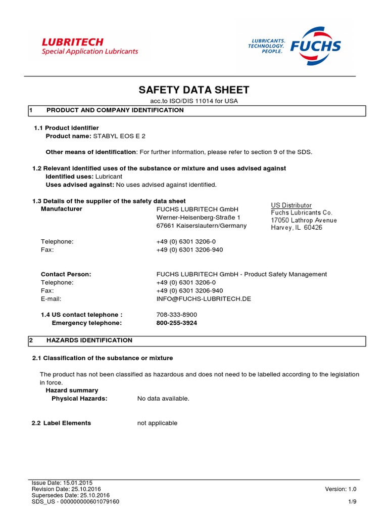Fuchs Stabyl EOS E 2 Safety Data Sheet | PDF | Toxicity | Firefighting