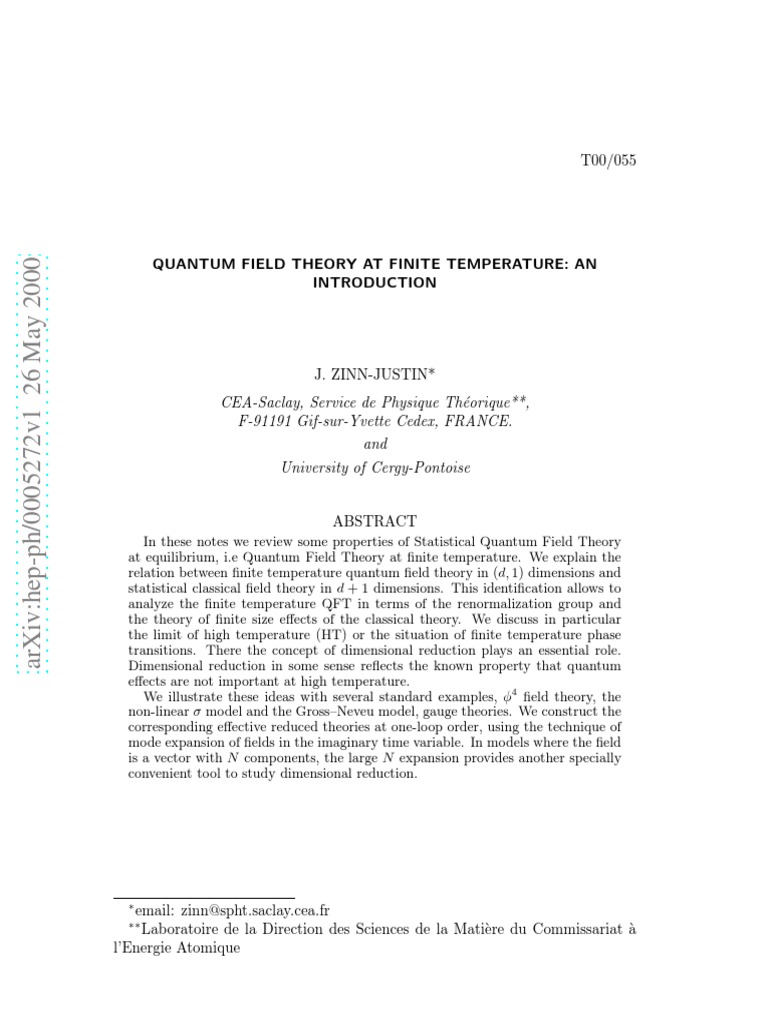 Zin, Justin, Finite Temperature QFT | PDF | Quantum Field Theory | Field (Physics)