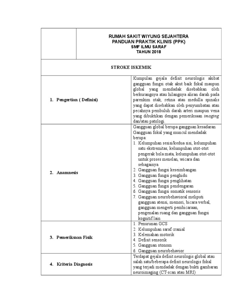 PANDUAN PRAKTIK KLINIS STROKE ISKEMIK DI RUMAH SAKIT WIYUNG SEJAHTERA | PDF