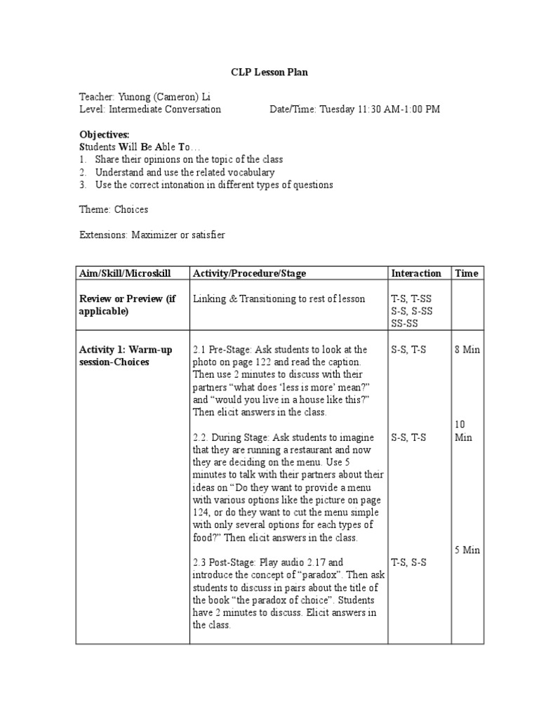 CLP Lesson Plan w7 | PDF | Question | Educational Assessment