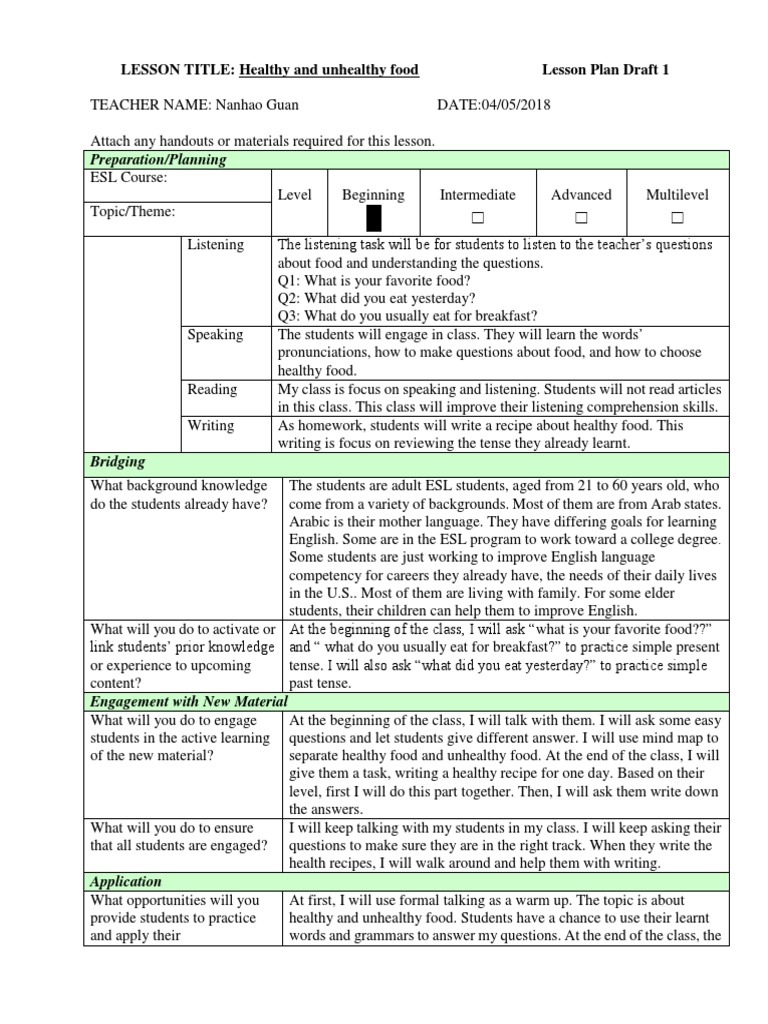 Healthy Food-Lesson Plan Draft 1 | PDF | Question | English As A Second Or Foreign Language