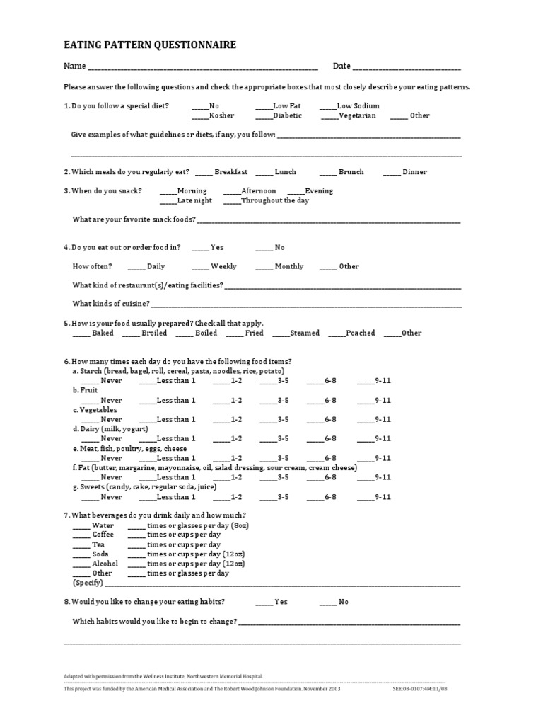 Eating Pattern Questionnaire by American Medical Association | PDF ...