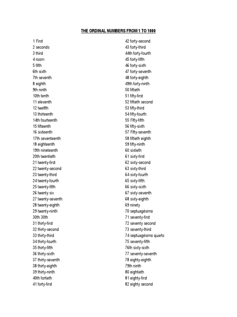 Ordinal Numbers 1 to 1000 in English | PDF