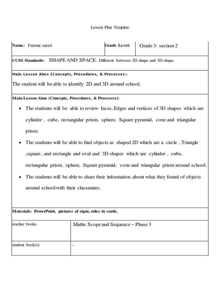 Lesson Plan 3d Shapes | PDF | Shape | Rectangle