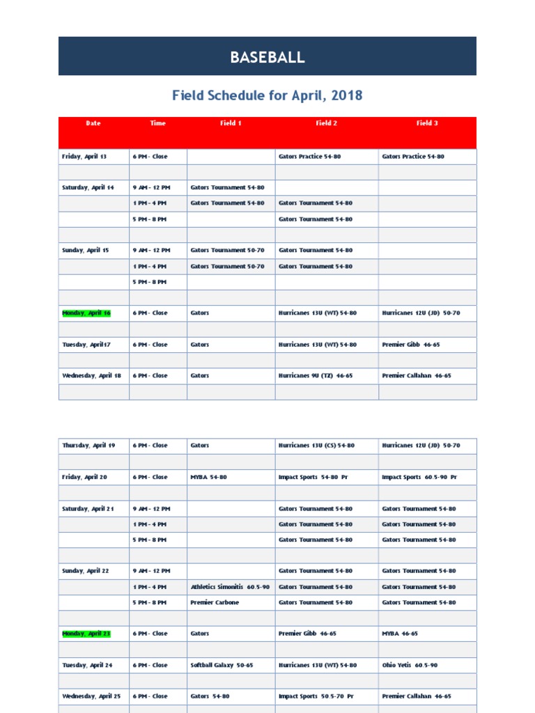 Baseball: Field Schedule For April, 2018 | PDF | Workweek And Weekend ...