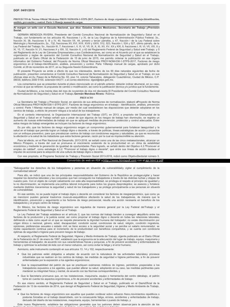 Proy Nom 036 STPS 2017 | PDF | Factores humanos y ergonomía | México