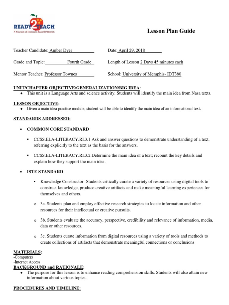 Lesson Plan Guide: Unit/Chapter Objective/Generalization/Big Idea | PDF ...