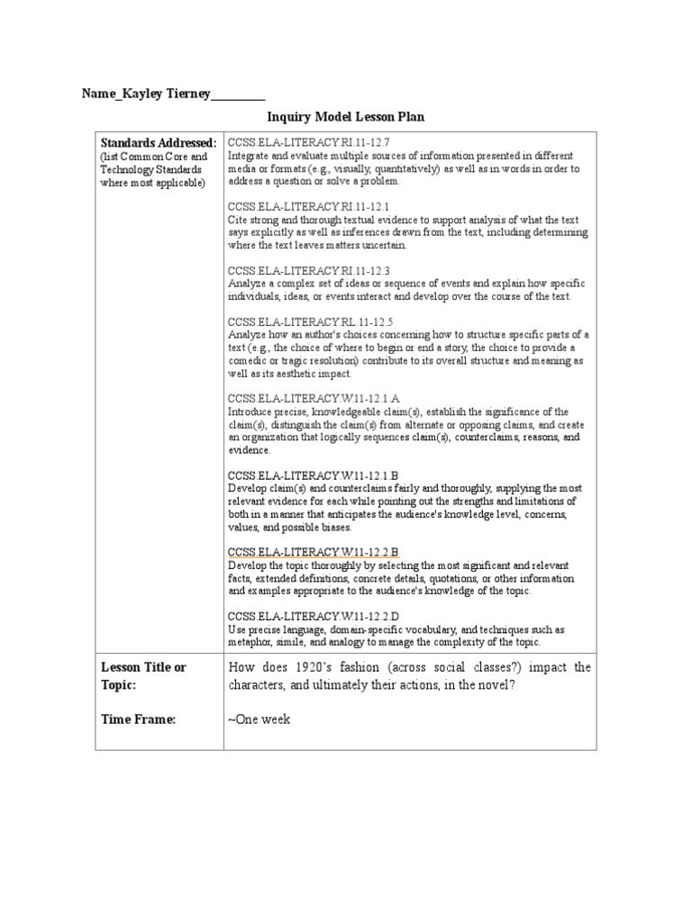 Revised Inquiry Lesson Plan | PDF | Inquiry | The Great Gatsby