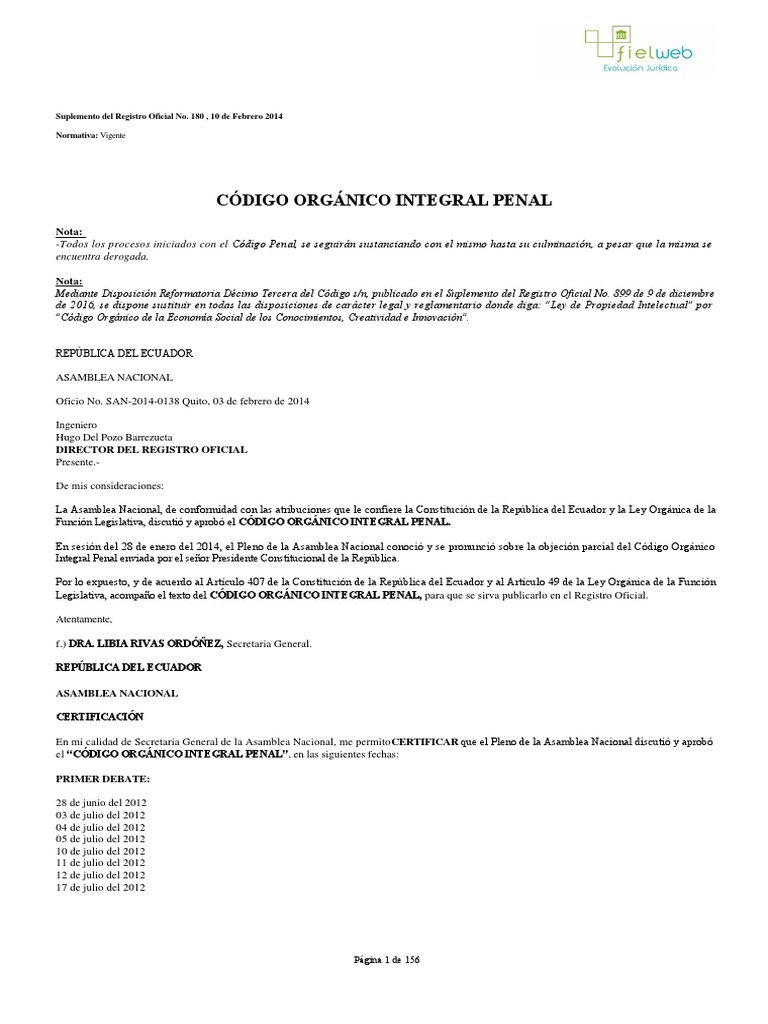 Código Orgánico Integral Penal - Coip 2014 | Derecho penal | Ley procesal