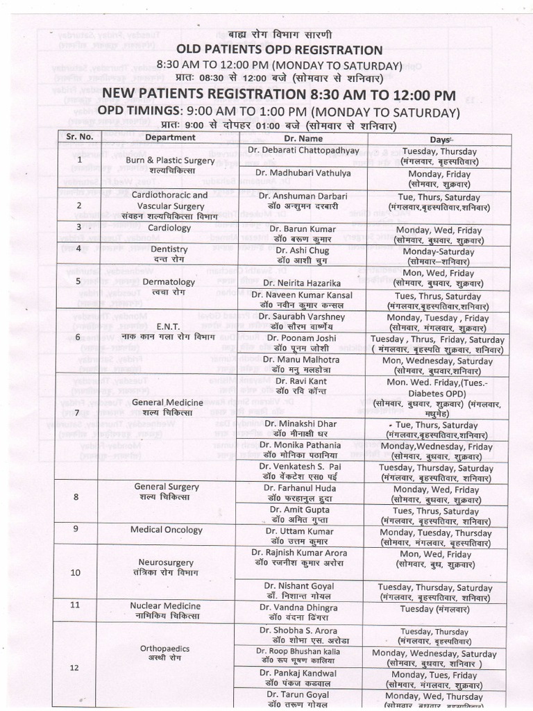 Hospital OPD Schedule | PDF