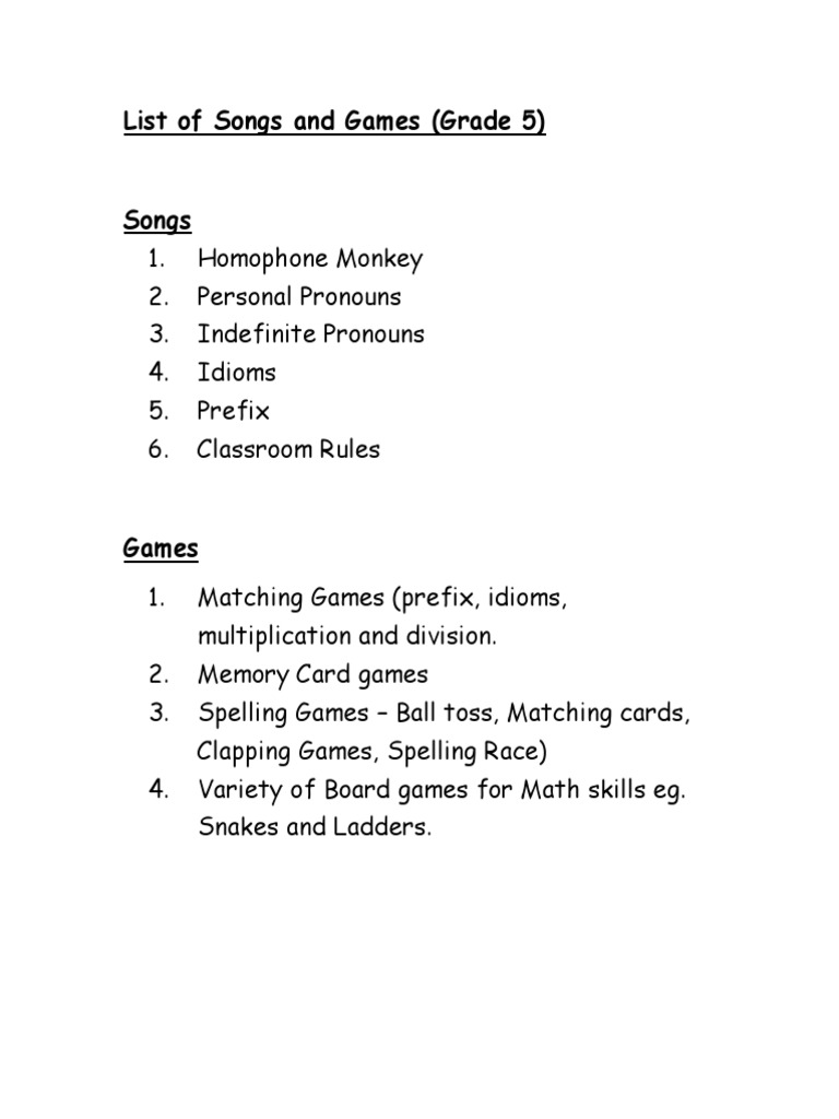 List of Songs and Games | Download Free PDF | Linguistic Morphology ...