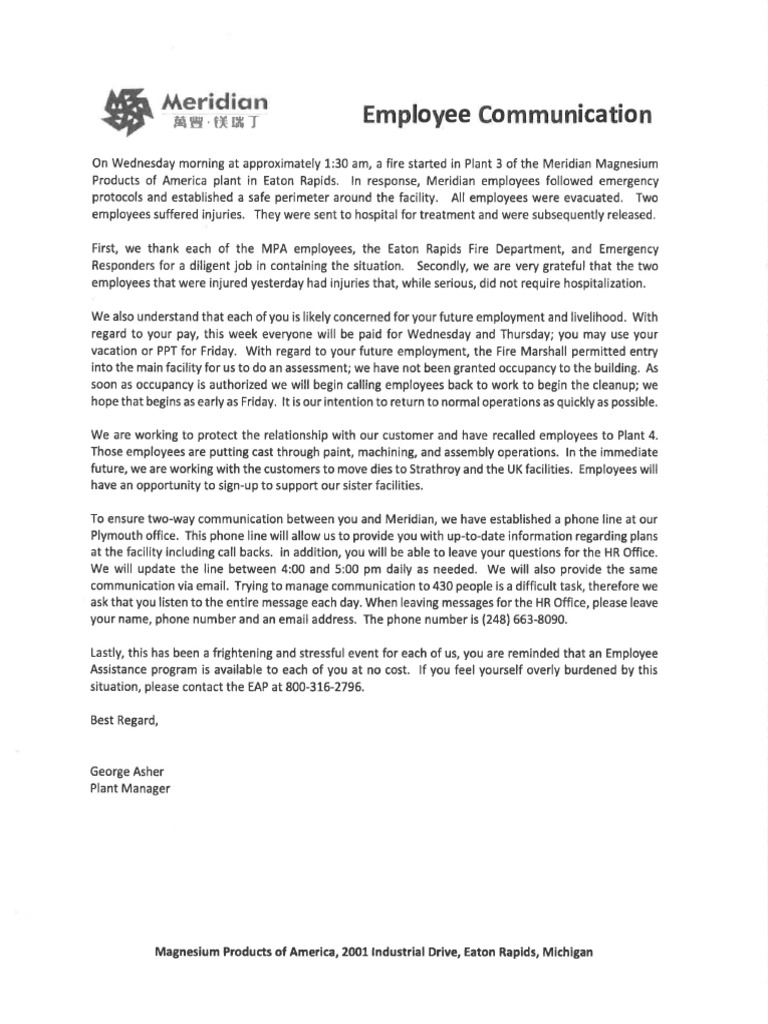 Meridian Magnesium Letter To Employees | PDF