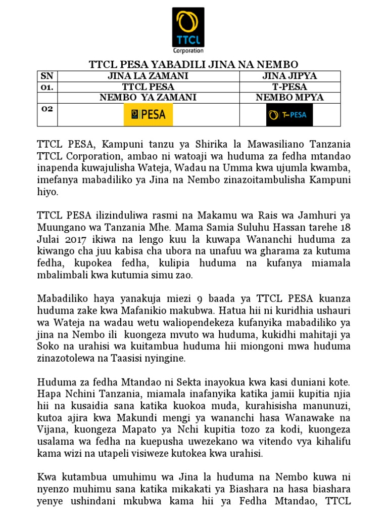 TTCL Pesa Yabadili Jina Na Nembo | PDF
