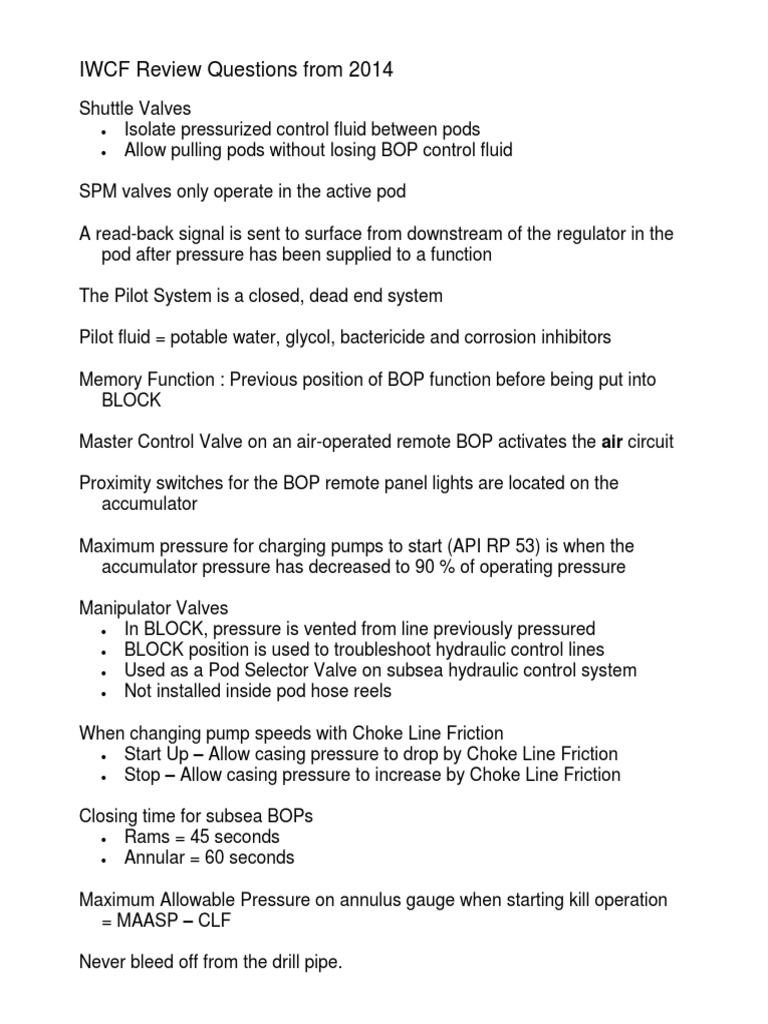 22 - IWCF Review Questions 2014 - MSA PDF | PDF | Casing (Borehole) | Valve