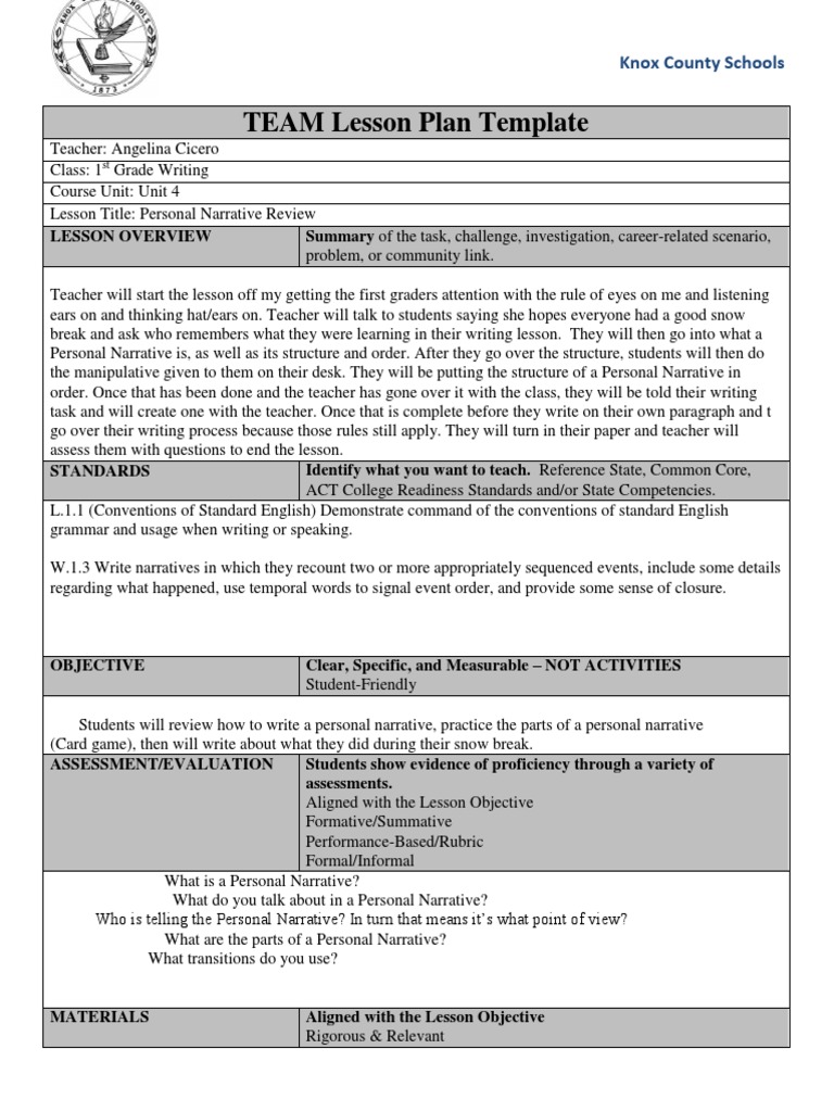 TEAM Lesson Plan Template: Knox County Schools | Download Free PDF ...