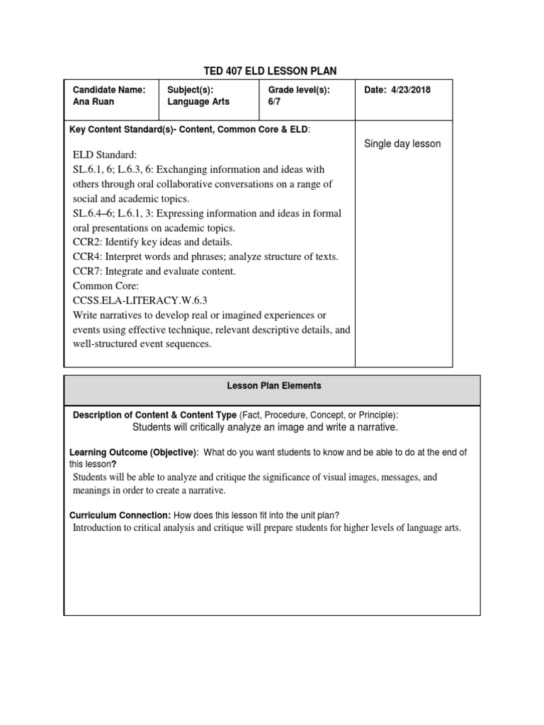 Ted 407 Eld Lesson Plan | PDF | Lesson Plan | Narrative
