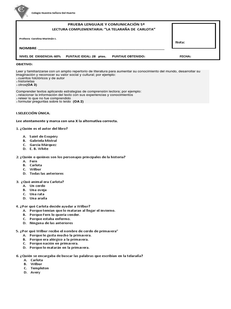 Prueba La Telaraña de Ch. | PDF | Lectura (proceso)