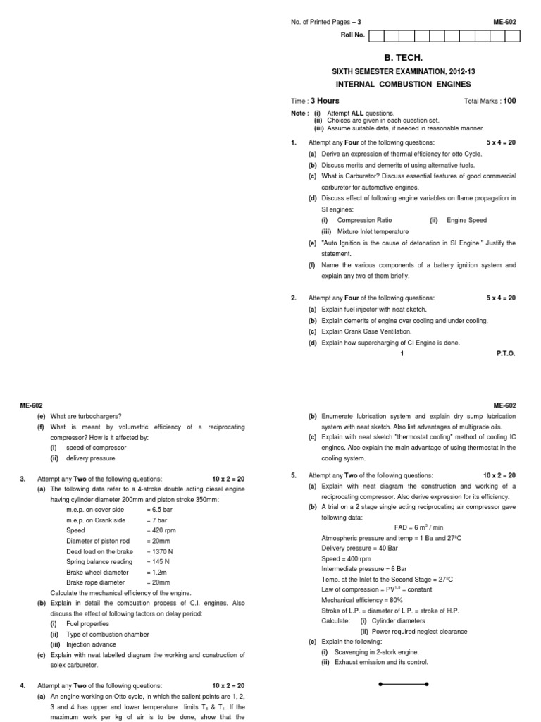 Internal Combustion Engines Question Papers | PDF | Internal Combustion ...
