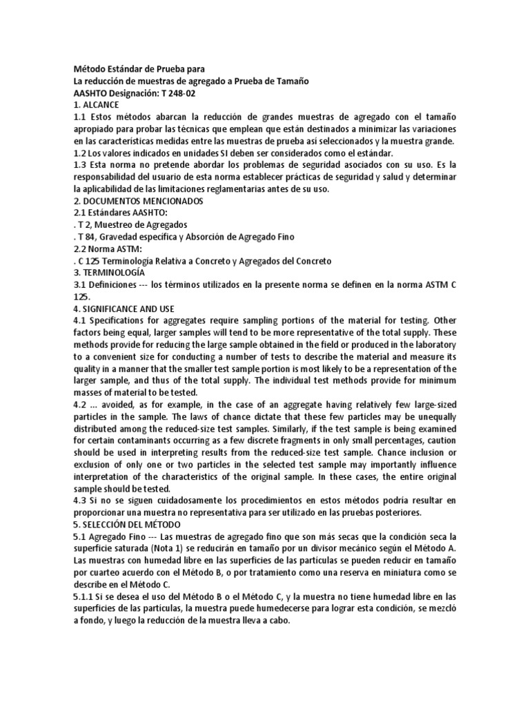Norma AASHTO T 248-02 Traducida (GP) | PDF | Muestreo (Estadísticas ...