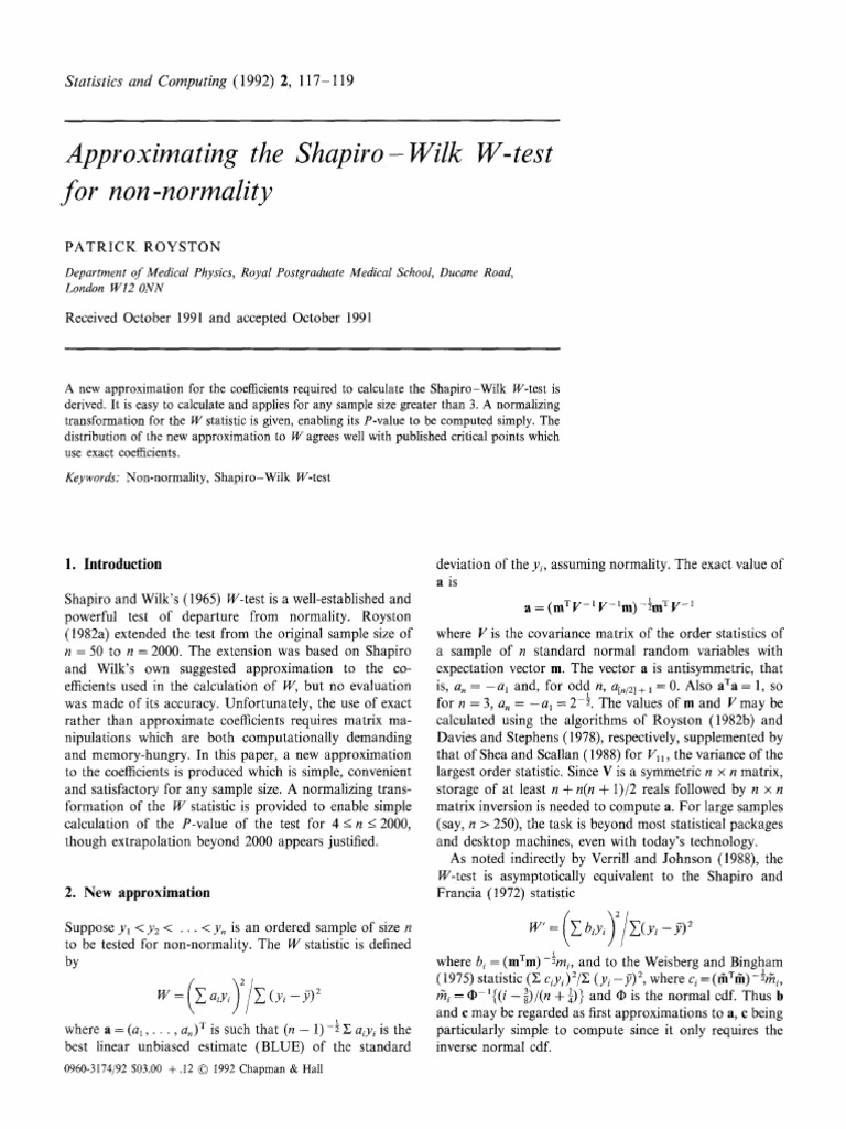 Approximating The Shapiro-Wilk W-Test For Non-Normality | PDF | Normal ...