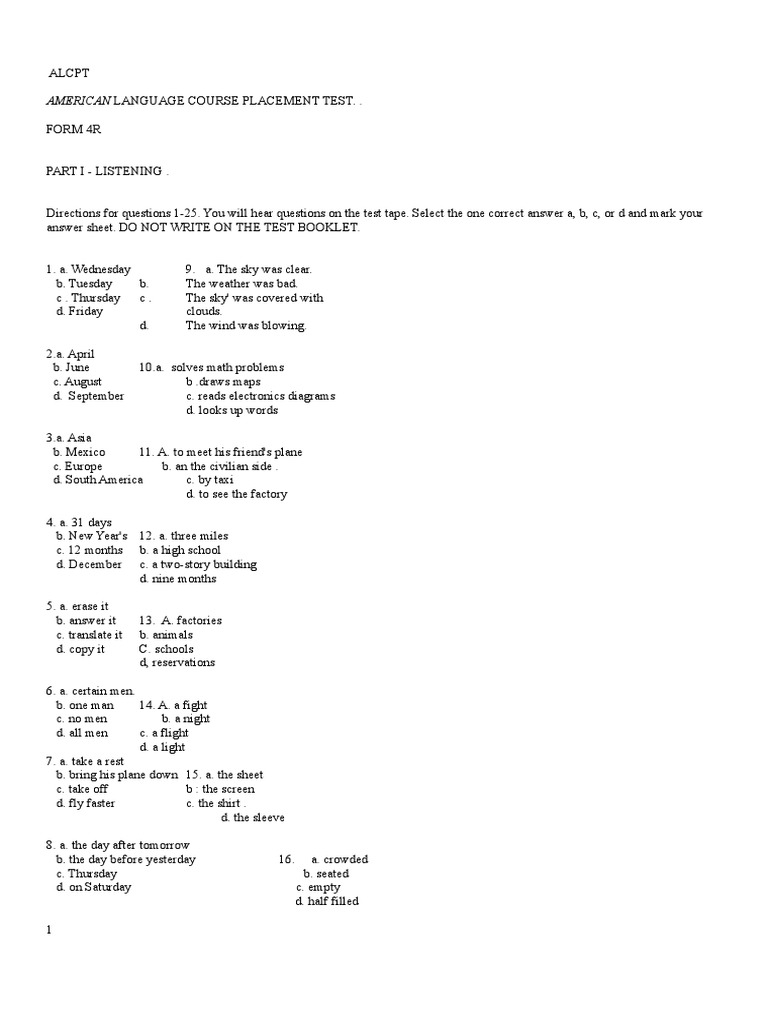 American Language Course Placement Test. | PDF | Nature
