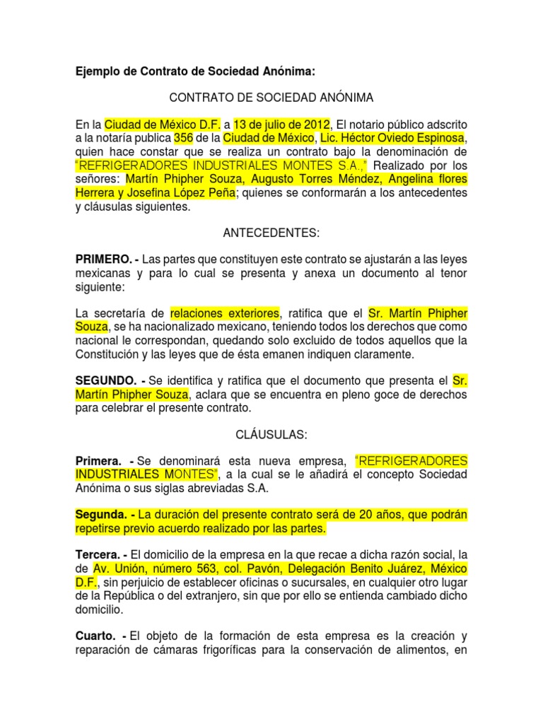 Ejemplo de Contrato de Sociedad Anónima | PDF | Sociedad de responsabilidad limitada | Compartir ...