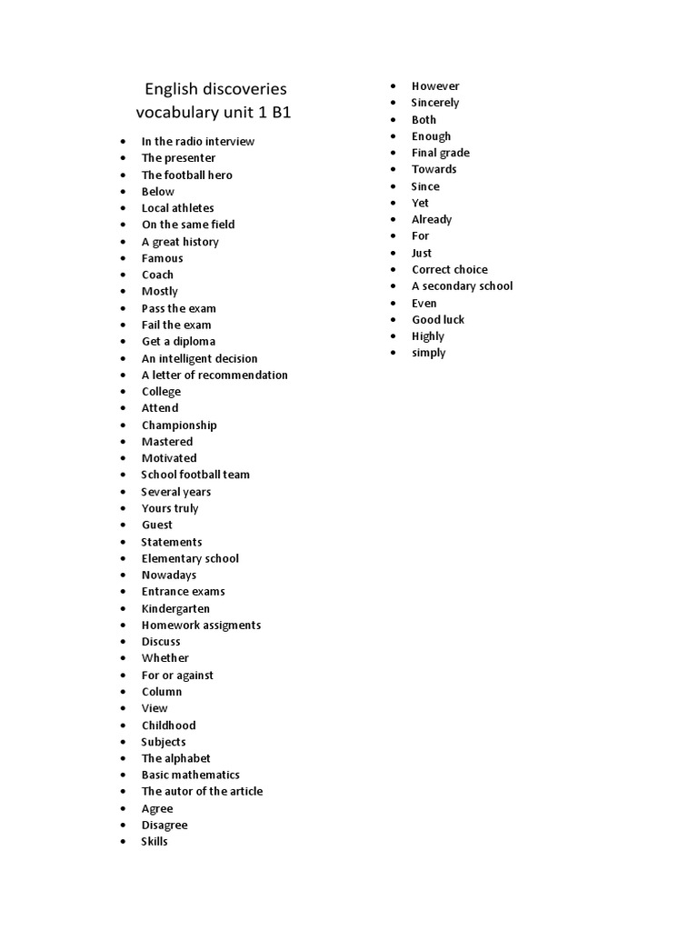 English Discoveries Vocabulary Unit 1 B1 | PDF