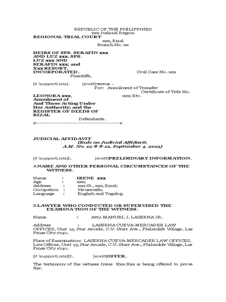 Judicial Affidavit (Sample) | PDF | Damages | Title (Property)