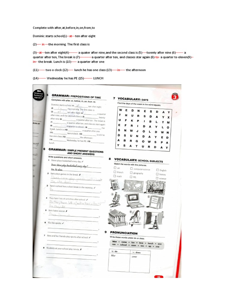 Time Prepositions for School Schedule | PDF