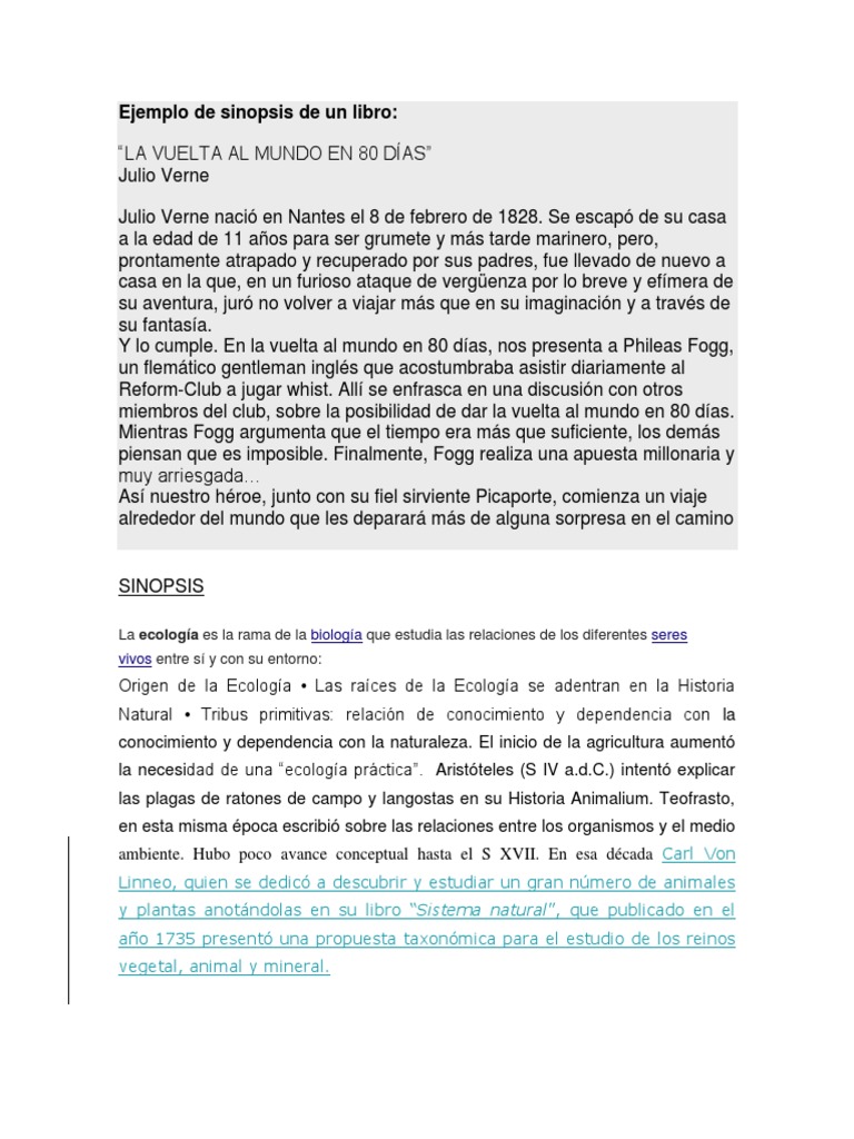 Ejemplo de Sinopsis de Un Libro | PDF | Al rededor del mundo en ochenta días | Ecología