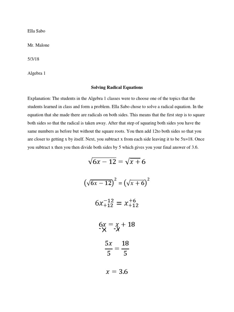 Algebra 1: Solving Radical Equations | PDF