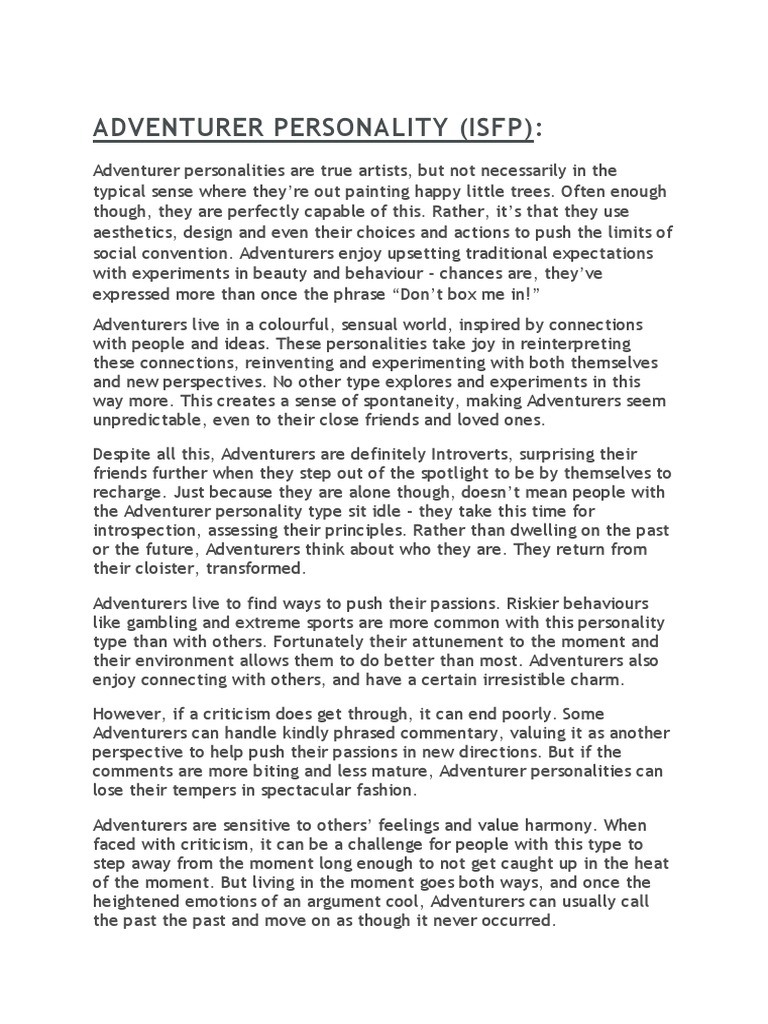 Adventurer Personality Isfp | PDF | Personality Type | Feeling