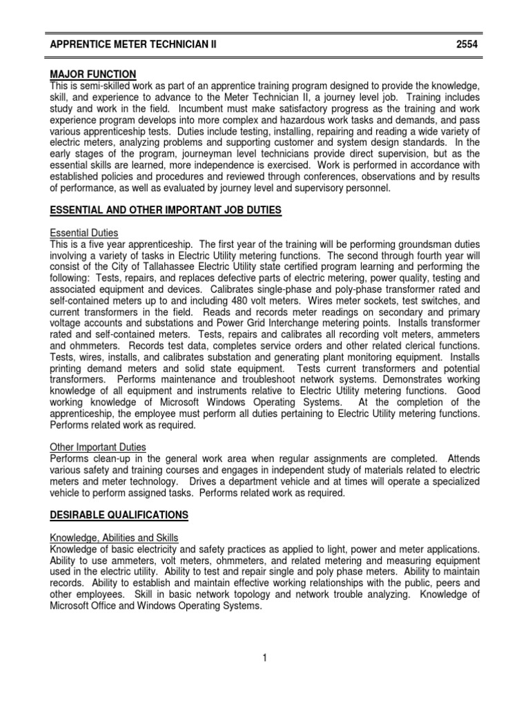 Apprentice Meter Technician Ii 2554 | PDF | Apprenticeship | Electricity