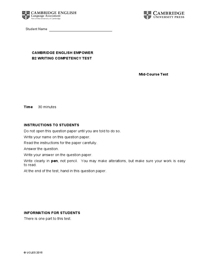 Cambridge English Empower B2 Writing Competency Test: Student Name | PDF