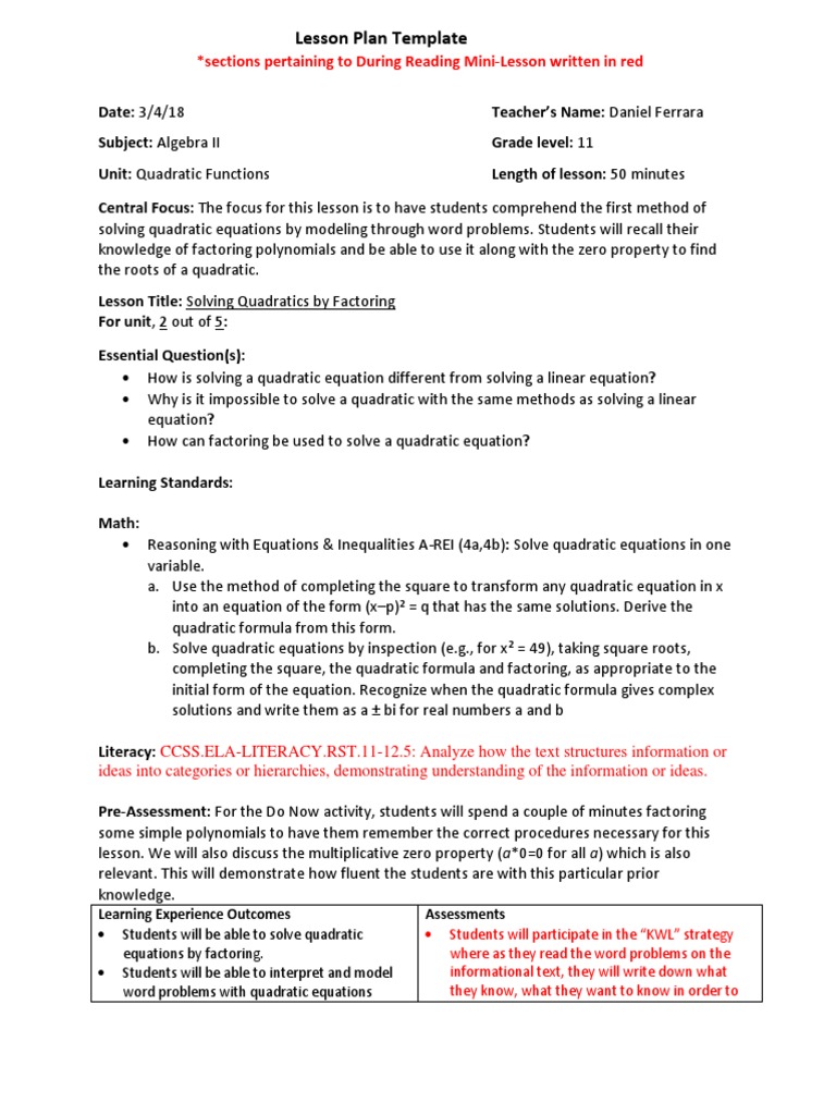 Quadratic Equations: Factoring Lesson Plan | PDF | Quadratic Equation ...