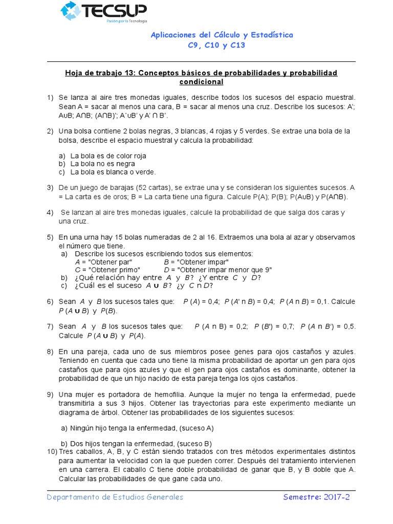 Hoja de Trabajo: Probabilidad y Estadística | PDF | Probabilidad ...