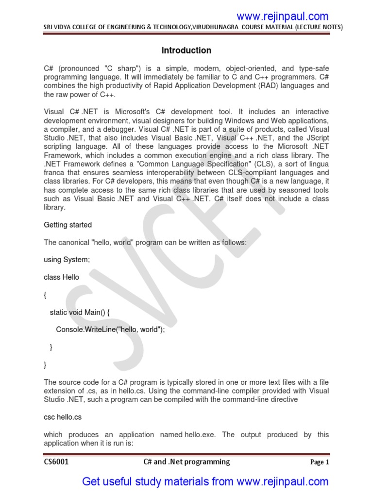 CS6001 C Sharp Notes Rejinpaul | PDF | C Sharp (Programming Language ...