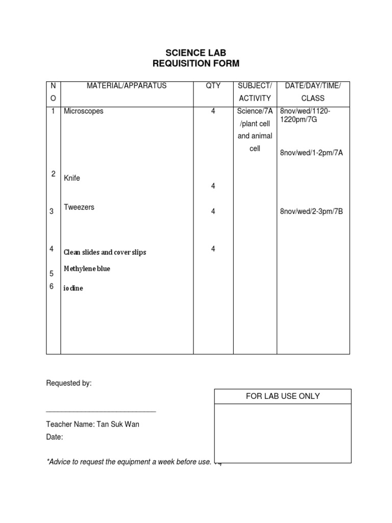 Science Lab Requisition Form: Advice To Request The Equipment A Week ...