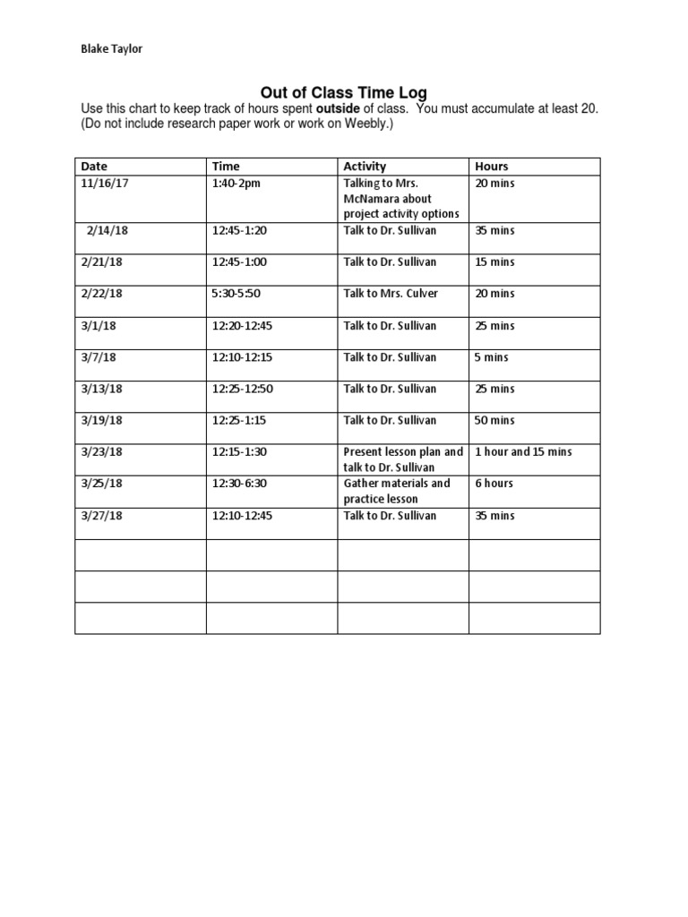 Blakes Out of Class Time Log | PDF