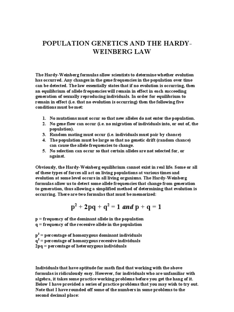Population Genetics and The Hardy | PDF | Zygosity | Dominance (Genetics)