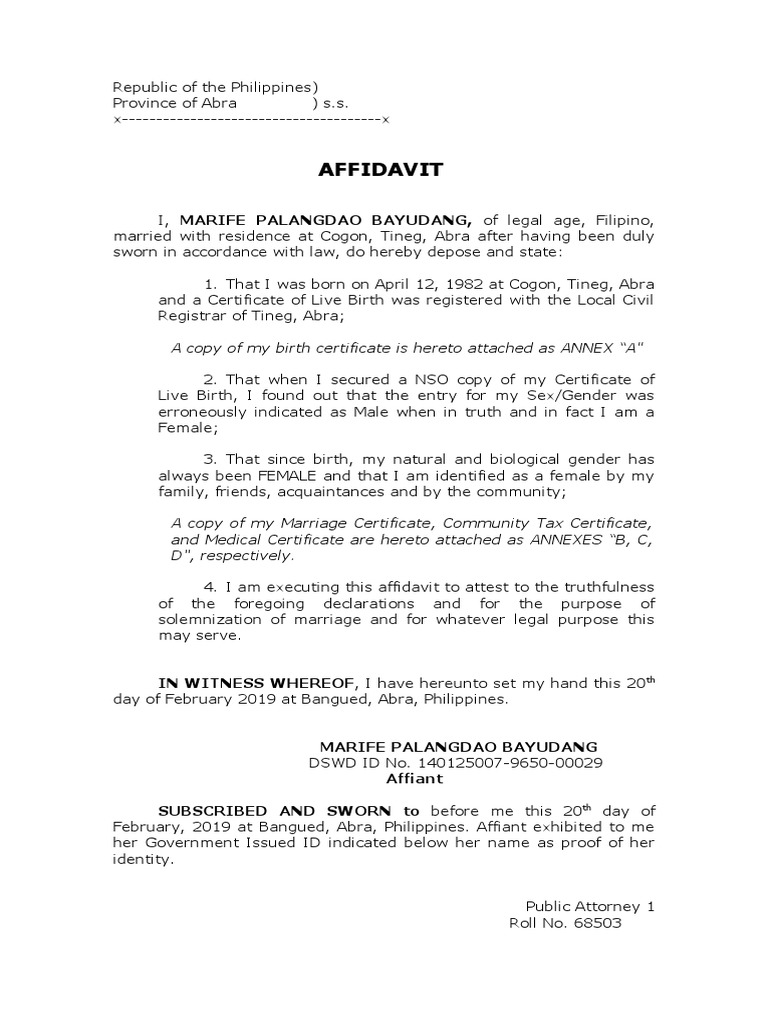 Affidavit of Discrepancy in Gender | PDF | Affidavit | Justice