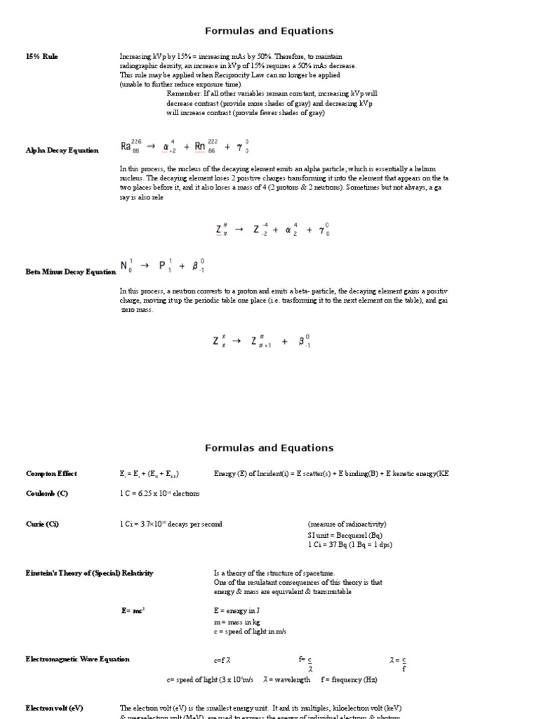 Formulas and Equations | PDF | Electronvolt | Radioactive Decay