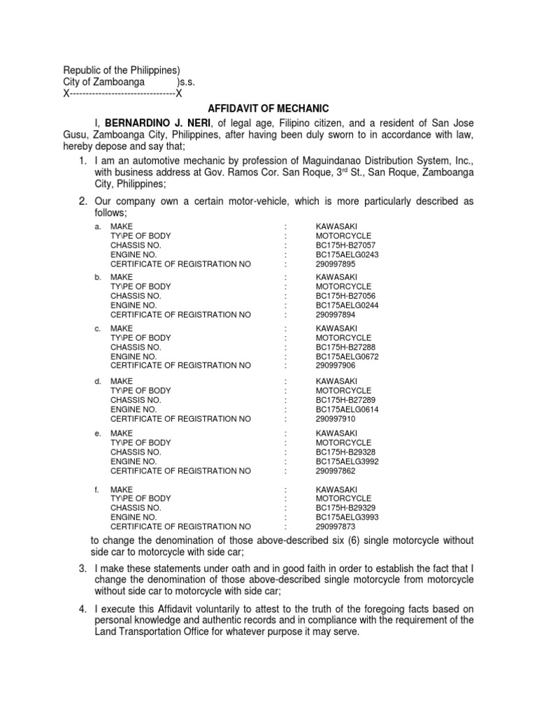 Affidavit of Mechanic Sample | Affidavit | Government Information