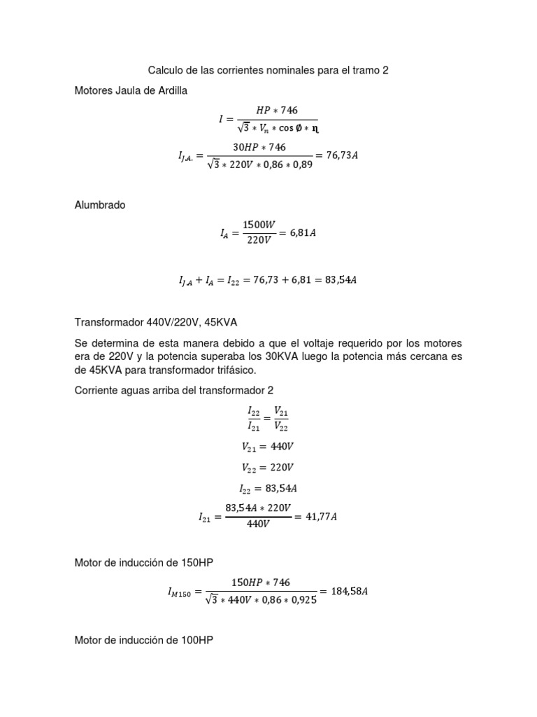 Calculo de Las Corrientes Nominales Para El Tramo 2 | Transformador ...