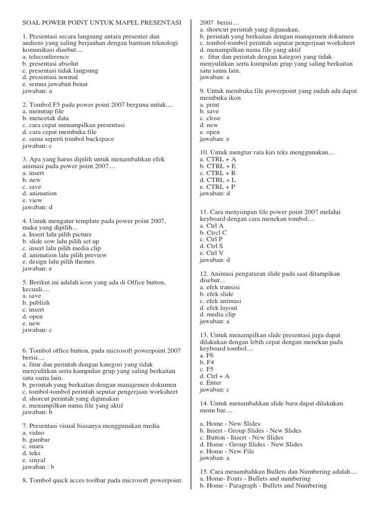 Soal Pilihan Ganda Power Point 2018 Kelas X Simdig | PDF | Metode & Bahan Ajar | Komputer