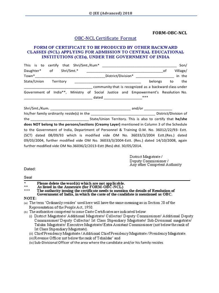 OBC-NCL Certificate Format | PDF | Magistrate | Government Of India