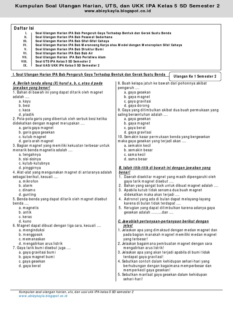 Kumpulan Soal Ulangan Ipa Kelas 5 Semester 2 - Abieykayla - Blogspot.co | PDF
